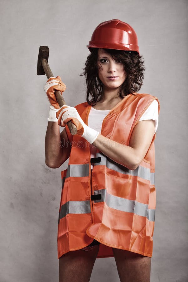Girl In Safety Helmet Holding Hammer Tool Stock Image Image Of