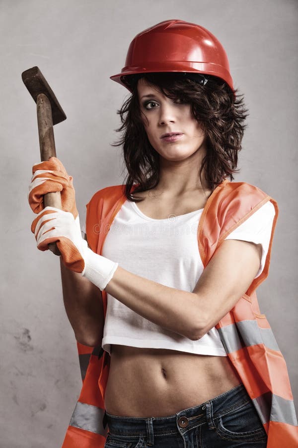 Girl In Safety Helmet Holding Hammer Tool Stock Image Image Of Strong