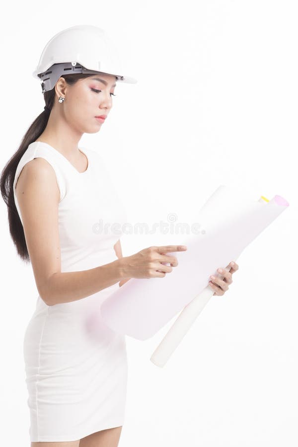 Girl Structural Engineer Holding Drafting Paper Stock Photo - Image of ...