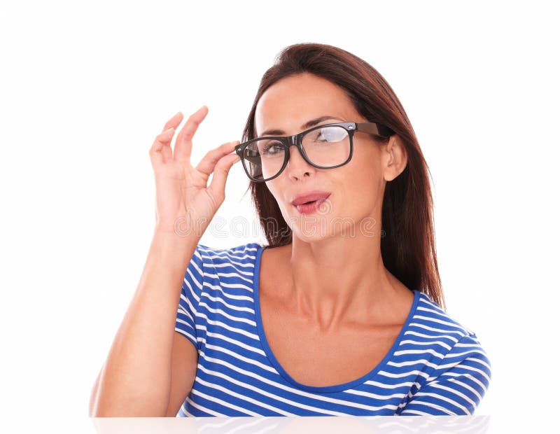 Lady with Spectacles Making a Funny Face Stock Photo - Image of blue ...