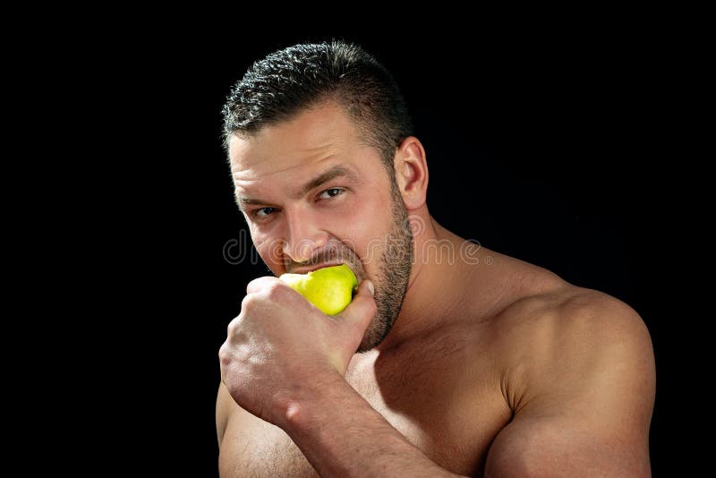 Man Eat Apple. Close Up Guy Face. Stock Photo - Image of undress, face ...