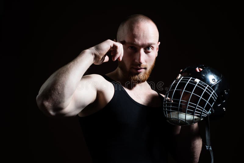 Man with Protective Helmet on Black. Stock Photo - Image of male, model ...