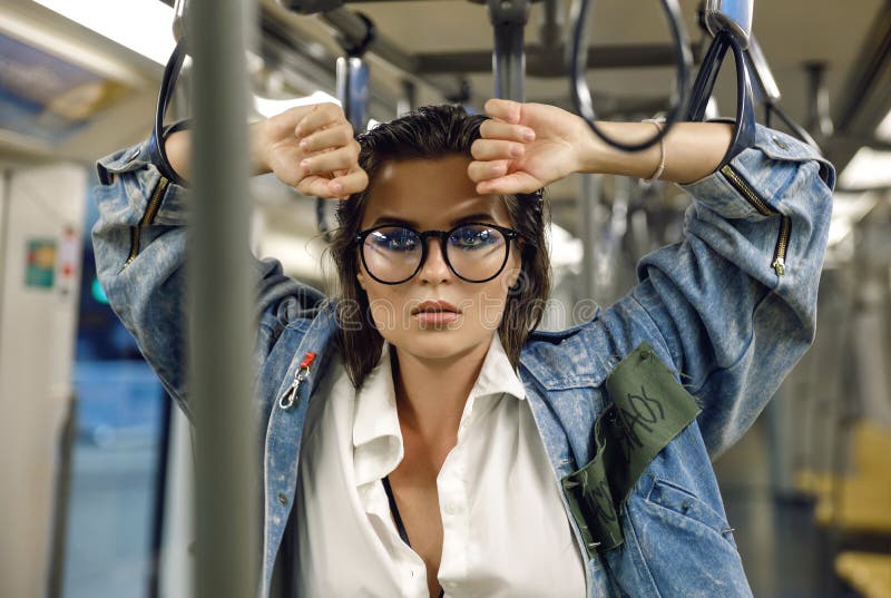 Model is Posing in Carriage of Metro Train Stock Photo - Image of ...