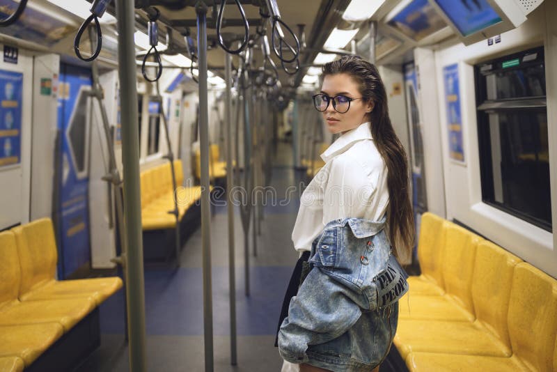 Model is Posing in Carriage of Metro Train Stock Photo - Image of ...