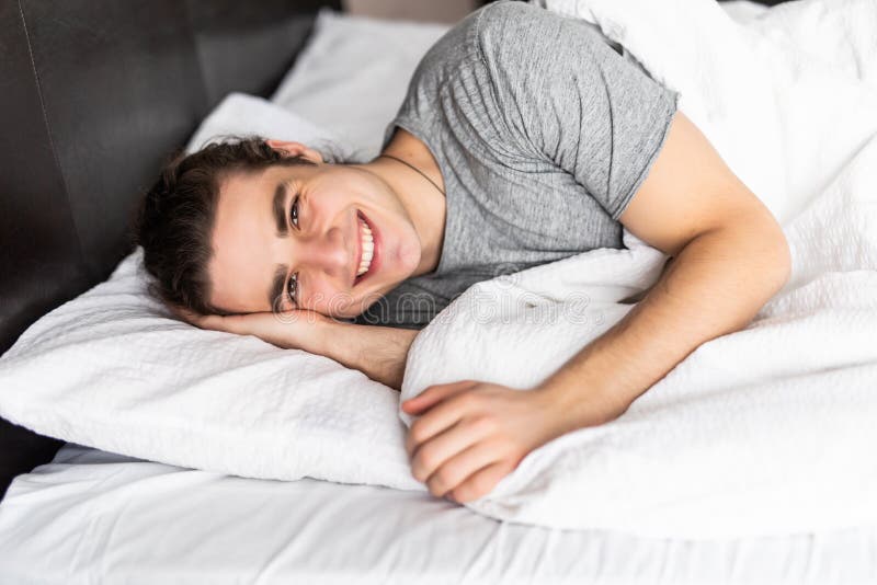Side View of Young Man Sleeping in Bed Stock Image - Image of lover ...