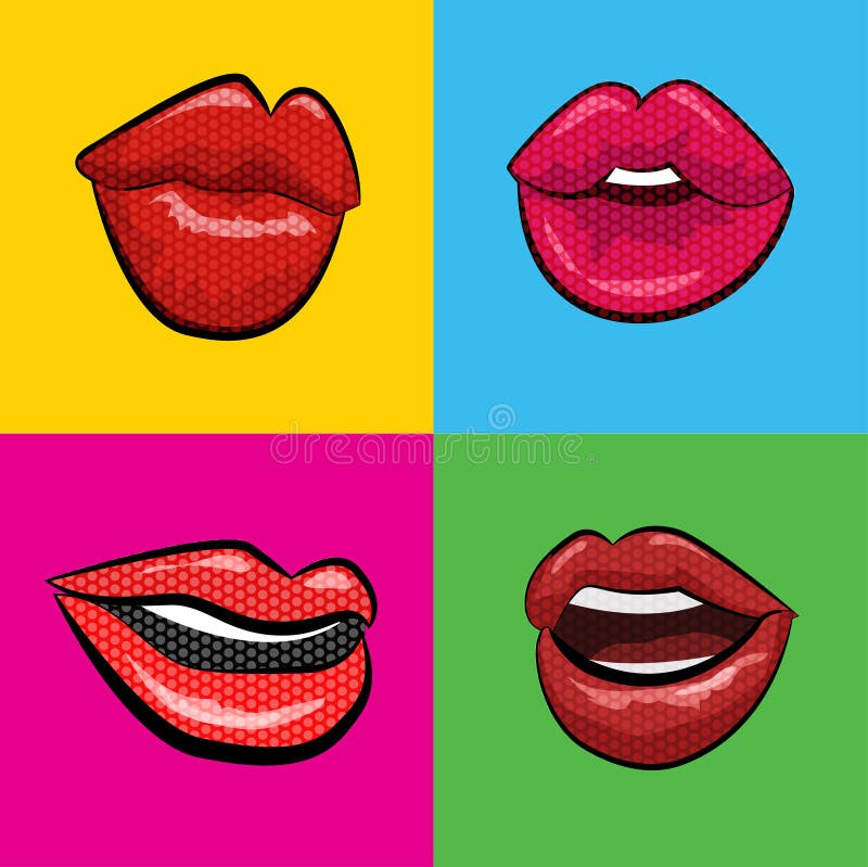 Red Lips with Teeth Pop Art Set Backgrounds. Vector Illustration Stock ...