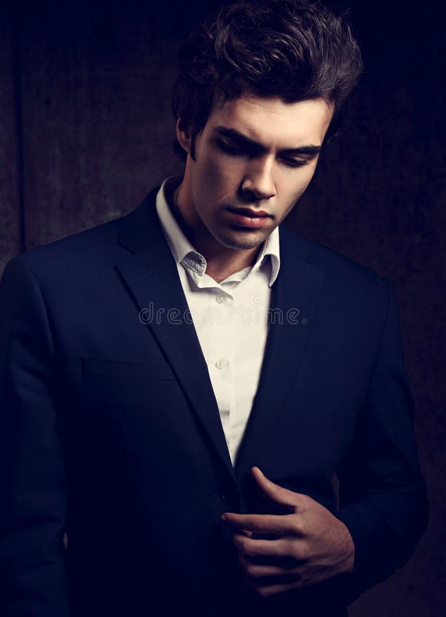 Handsome Male Model Posing In Blue Fashion Suit And White S Stock Image