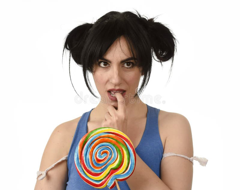Sexy Vrouw Met Paardestaarten Die Haar Lippen Bijten Die En Zoete