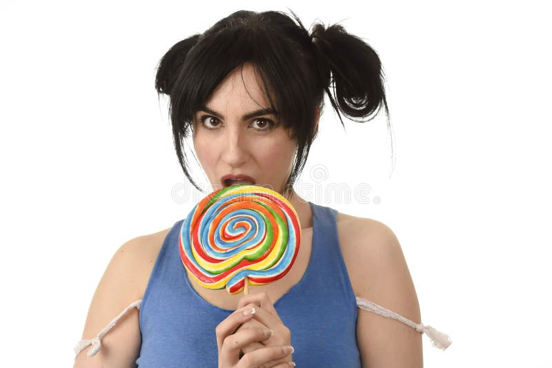 Sexy Vrouw Met Paardestaarten Die Haar Lippen Bijten Die Zoete Karamel