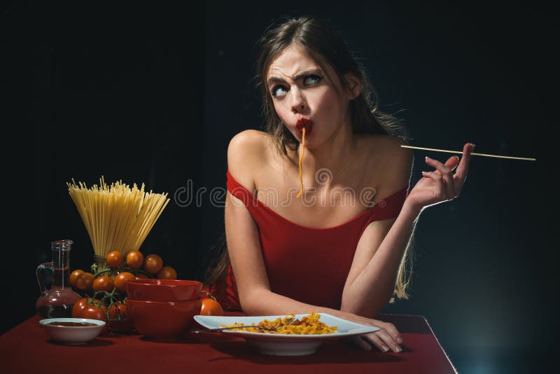 Woman Bites Sensually Cooked Spaghetti Sensually Twirling The Noodles