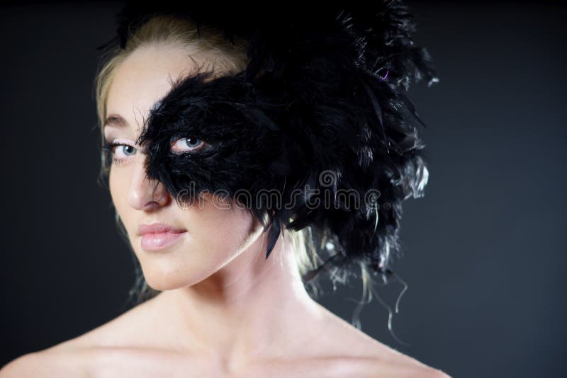Woman with Black Feather Half Mask Stock Photo - Image of azazel ...