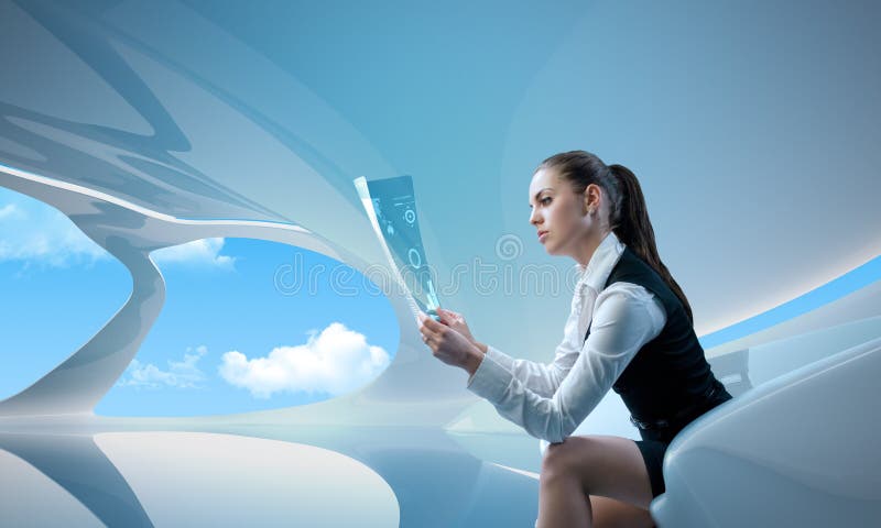 Future Technology. Girl Press Button Touchscreen Interface. Stock Photo ... Future Technology. Girl Press Button Touchscreen Interface. Stock Photo ...