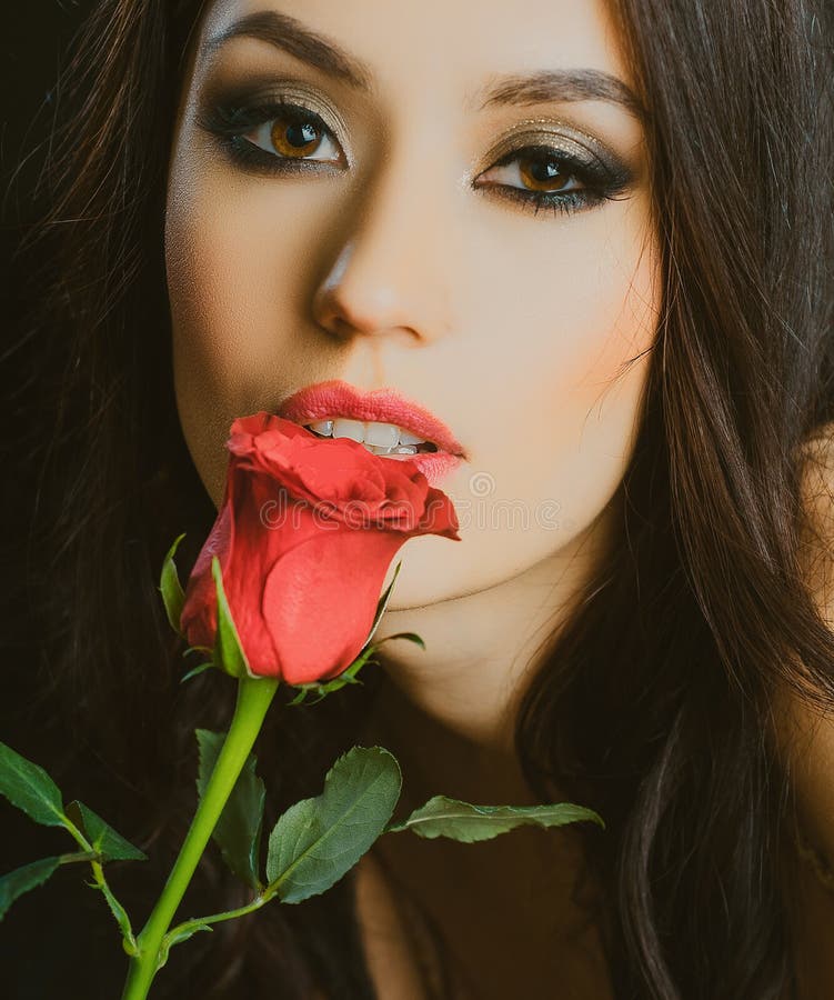 Woman Lips With Red Lipstick And Beautiful Red Rose Attractive Woman