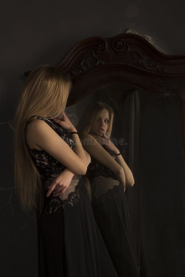 Woman Looking Herself Reflection in Mirror Stock Image - Image of ...