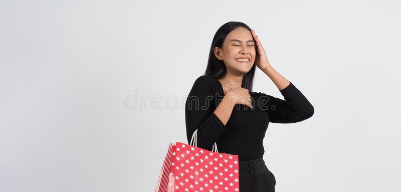 Woman Shopping Beautiful Girl Wearing Black Holding Red Shopping Bags