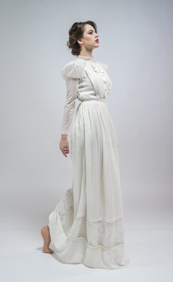 Woman in White Long Retro Dress Stock Photo - Image of beauty, glamour ...