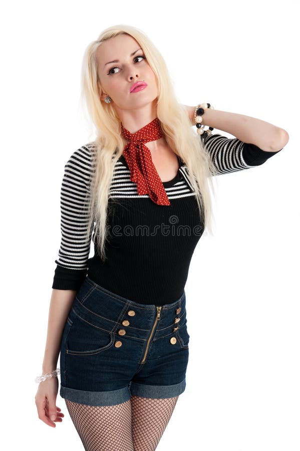 Beautiful Retro Female in Denim Shorts Casual Stock Image - Image of ...