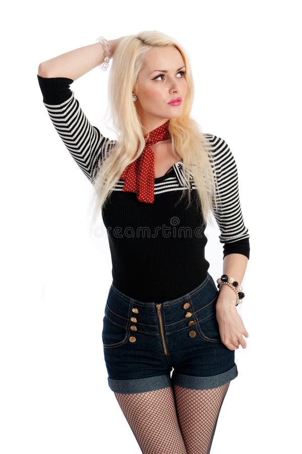 Beautiful Retro Female in Denim Shorts Casual Stock Image - Image of ...