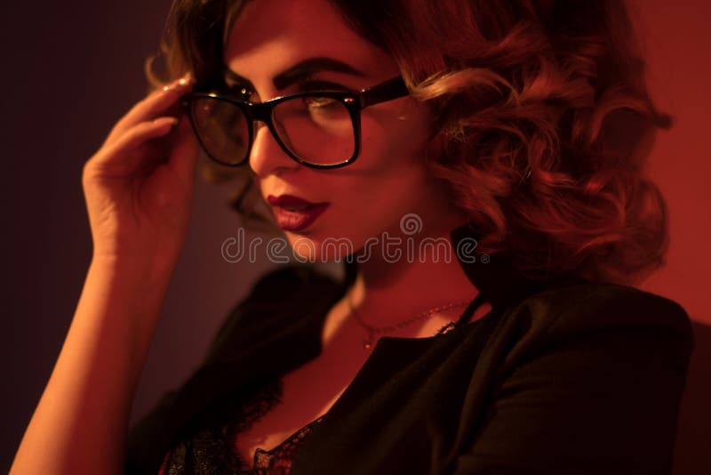 Young Secretary in Glasses and Red Lips Stock Photo - Image of studio ...