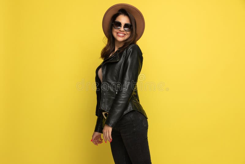 Young Woman In Leather Jacket Smiling Stock Image Image Of Attractive