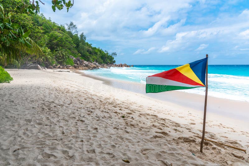 Seychelles Flag in Anse Georgette Beach Stock Image - Image of beach ...