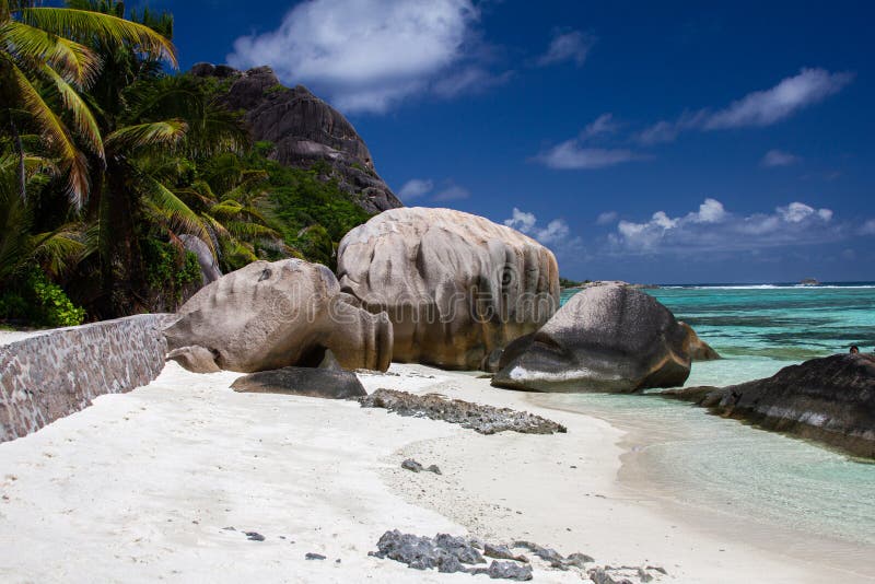 Seychelles Granite Rock in the Indian Ocean with Ship Stock Image ...