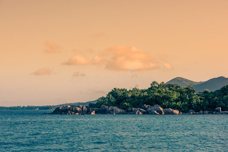 Seychelles, Indian Ocean Coast, View from the Water. Stock Photo ...