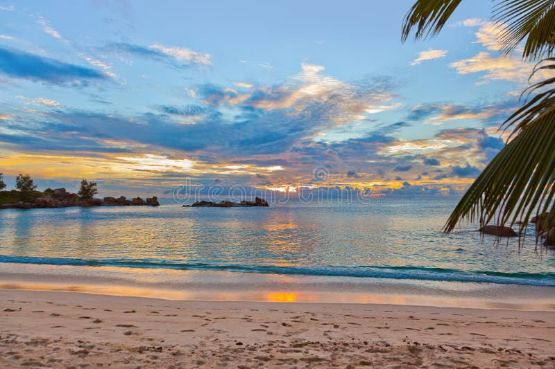 Seychelles Tropical Beach at Sunset Stock Photo - Image of dawn ...