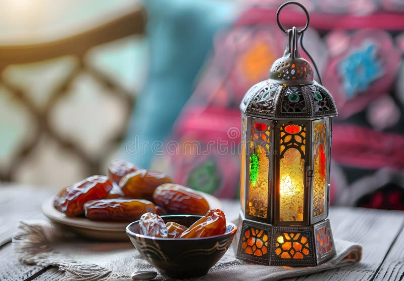 Ramadan Iftar Table Setting with Dates and Lantern Stock Illustration ...