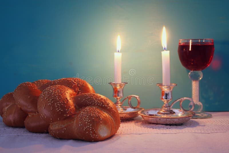 Challah Bread with Two Glasses of Red Wine on Wooden Table, Copy Space ...