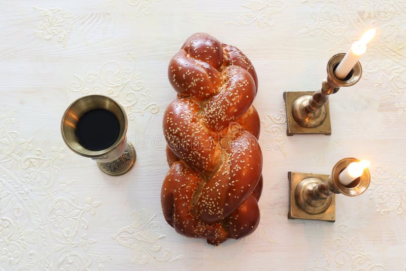 Shabbat Image. Challah Bread, Shabbat Wine and Candles Stock Photo ...