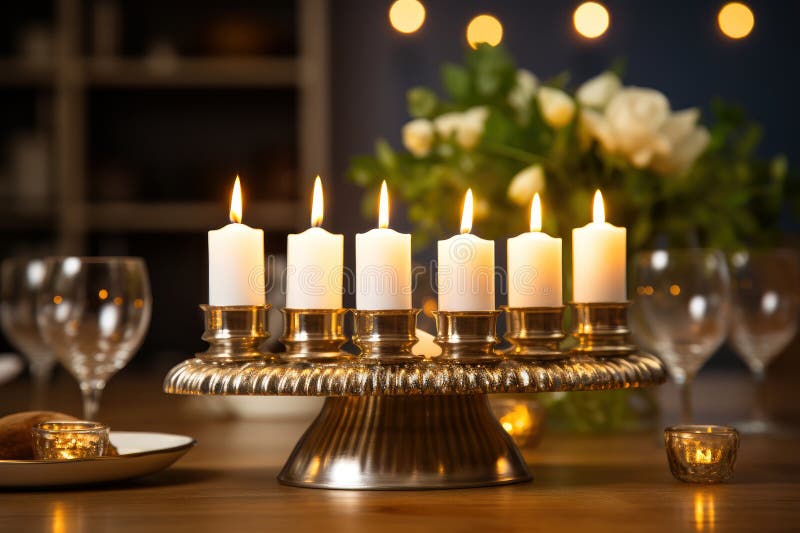 Shabbat Table Set with White Candles. AI Generated Stock Photo - Image ...