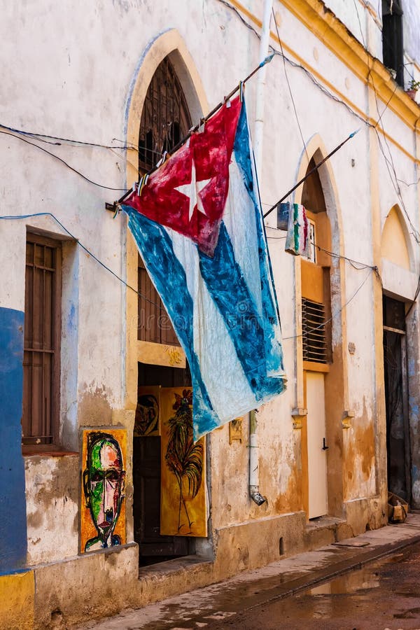 Shabby House in Old Havana with a Cuban Flag Stock Image - Image of ...