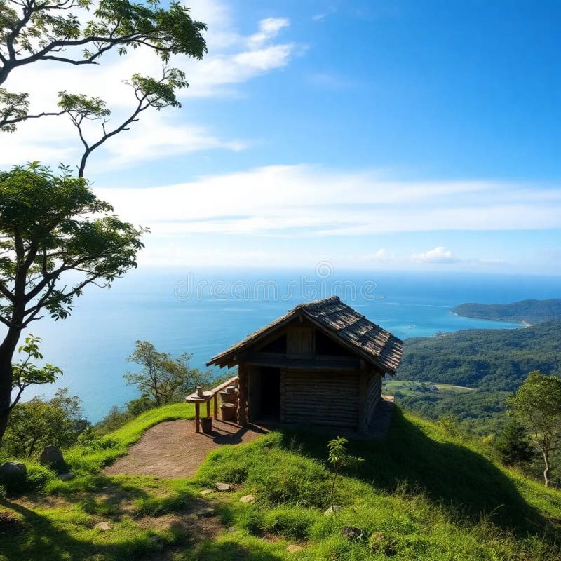 A Shack on a Hill Overlooking a Scenic Ocean View, Daytime Scene. Stock ...