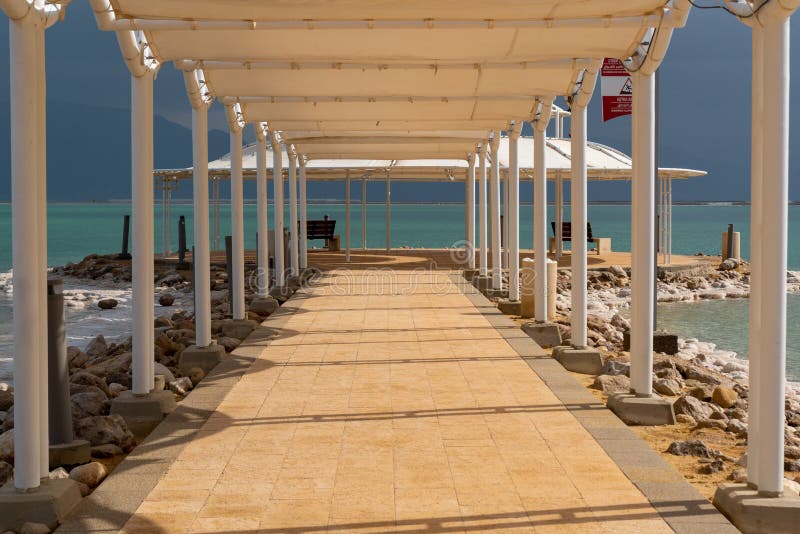 Shade Structure at the Beach of the Dead Sea Stock Photo - Image of ...