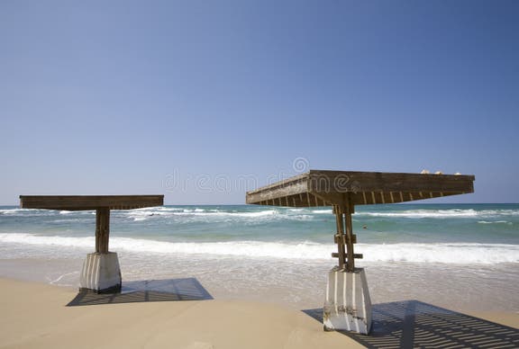 Shaded Platforms by the Beach Caesarea Stock Photo - Image of sand ...