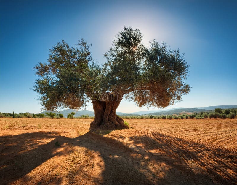 The Shadow of an Ancient Olive Tree Stretches Long Across Sun-baked ...