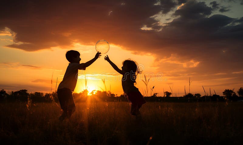 Shadow of Children Playing in a Field of Flowers at Sunset, Ai ...