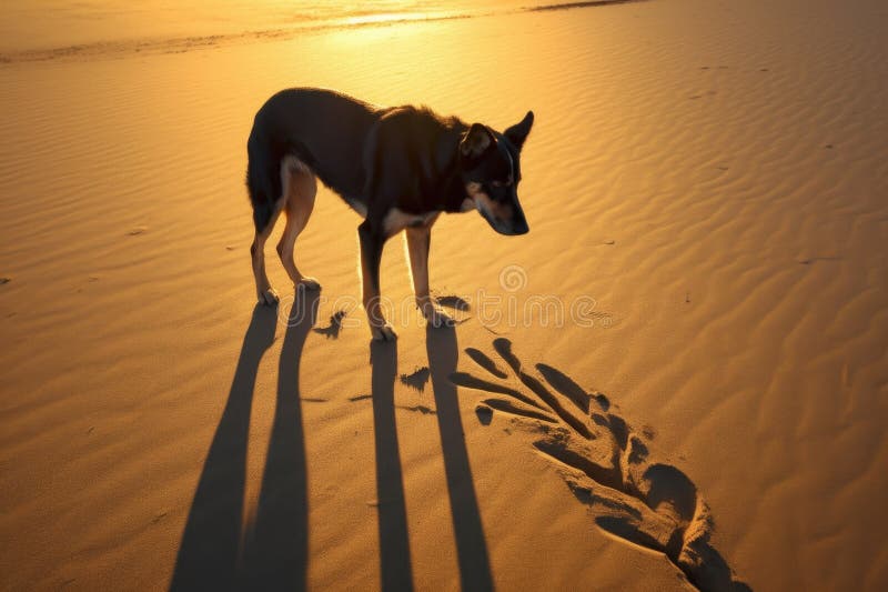 Shadow of Dog Digging in Sunset-lit Sand Stock Image - Image of beach ...