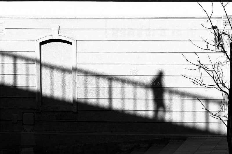 Shadow on a Facade Wall of a Person Walking Down the Stairs and a Bare ...