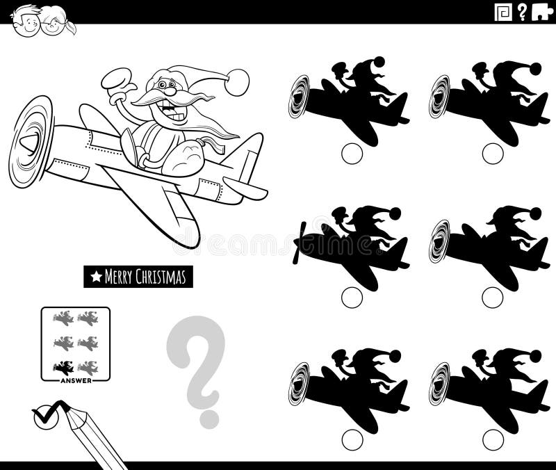 Shadow Game with Cartoon Santa Claus in Airplane Coloring Page Stock ...