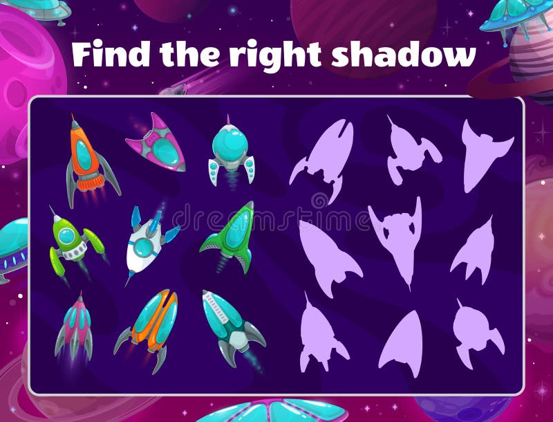 Shadow Game with Spaceships in Space, Kids Riddle Stock Vector ...