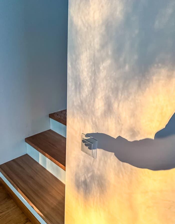 Shadow Hand Turning on Light Switch by Stairs, Interior Scene, Light ...