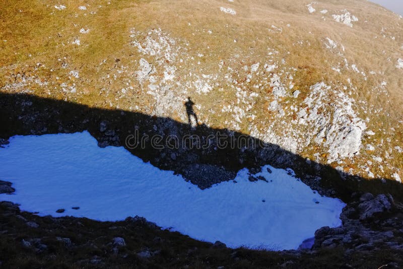 Shadow from a Hiker while Hiking on a Mountain with Snow Fields in ...