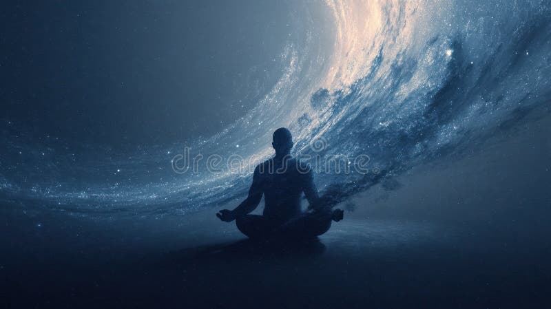 Shadow of a Man in Meditative Pose Surrounded by Swirling Galaxies in a ...