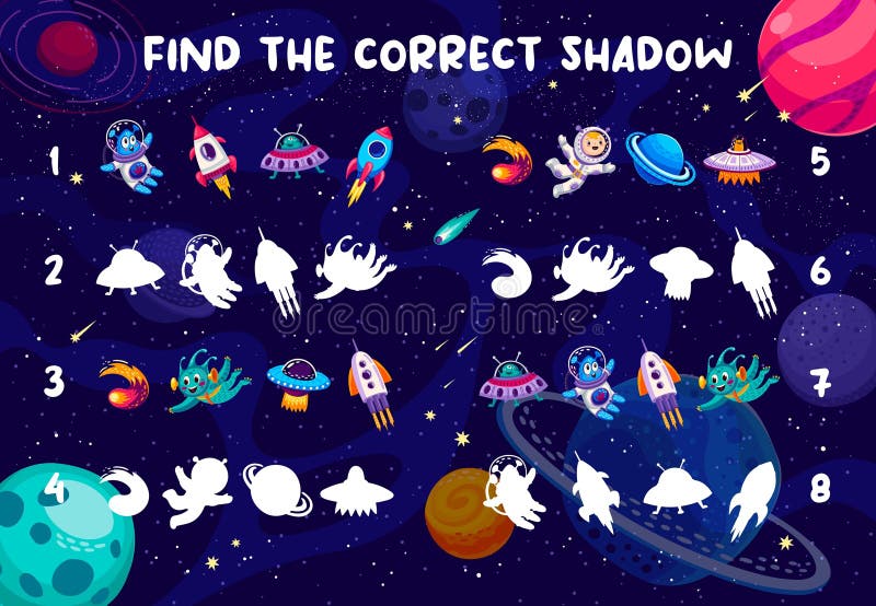 Shadow Match Game with UFO, Planets, Space Rocket Stock Vector ...