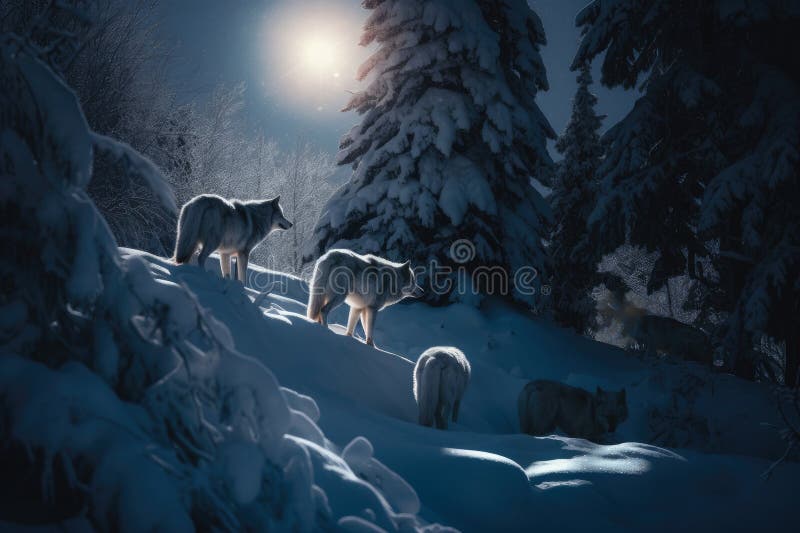 In the Shadow of the Moon Snowy Forest with a Pack of Wolves Bathed in ...