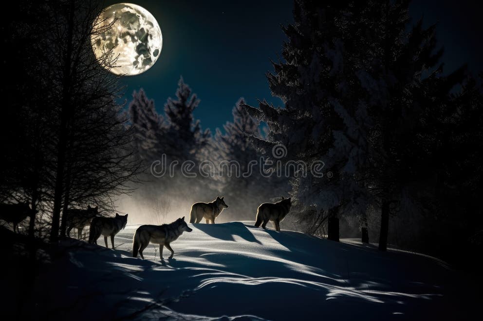 In the Shadow of the Moon Snowy Forest with a Pack of Wolves Bathed in ...
