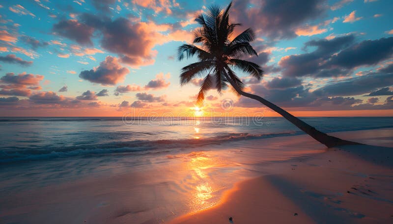 Shadow of Palm Tree in Beautiful Sunset on Beach with a Perfect Sky ...