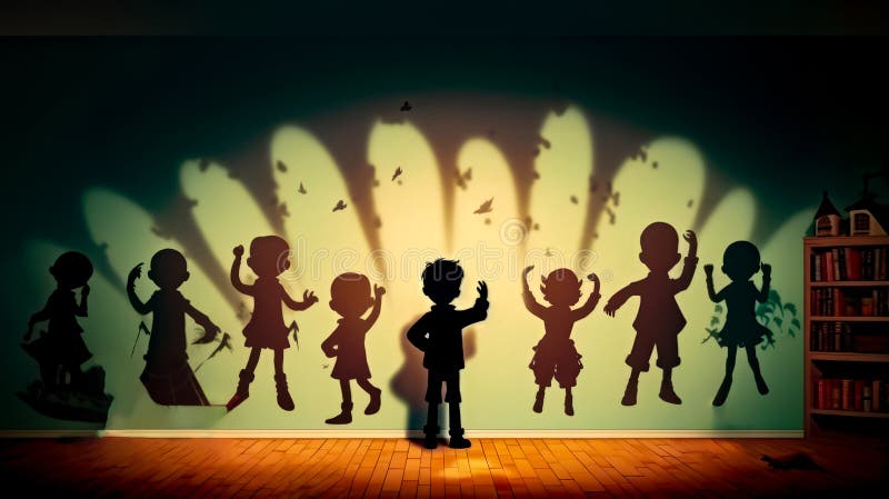 Shadow of Person Standing in Front of Wall with Children S Drawings on ...